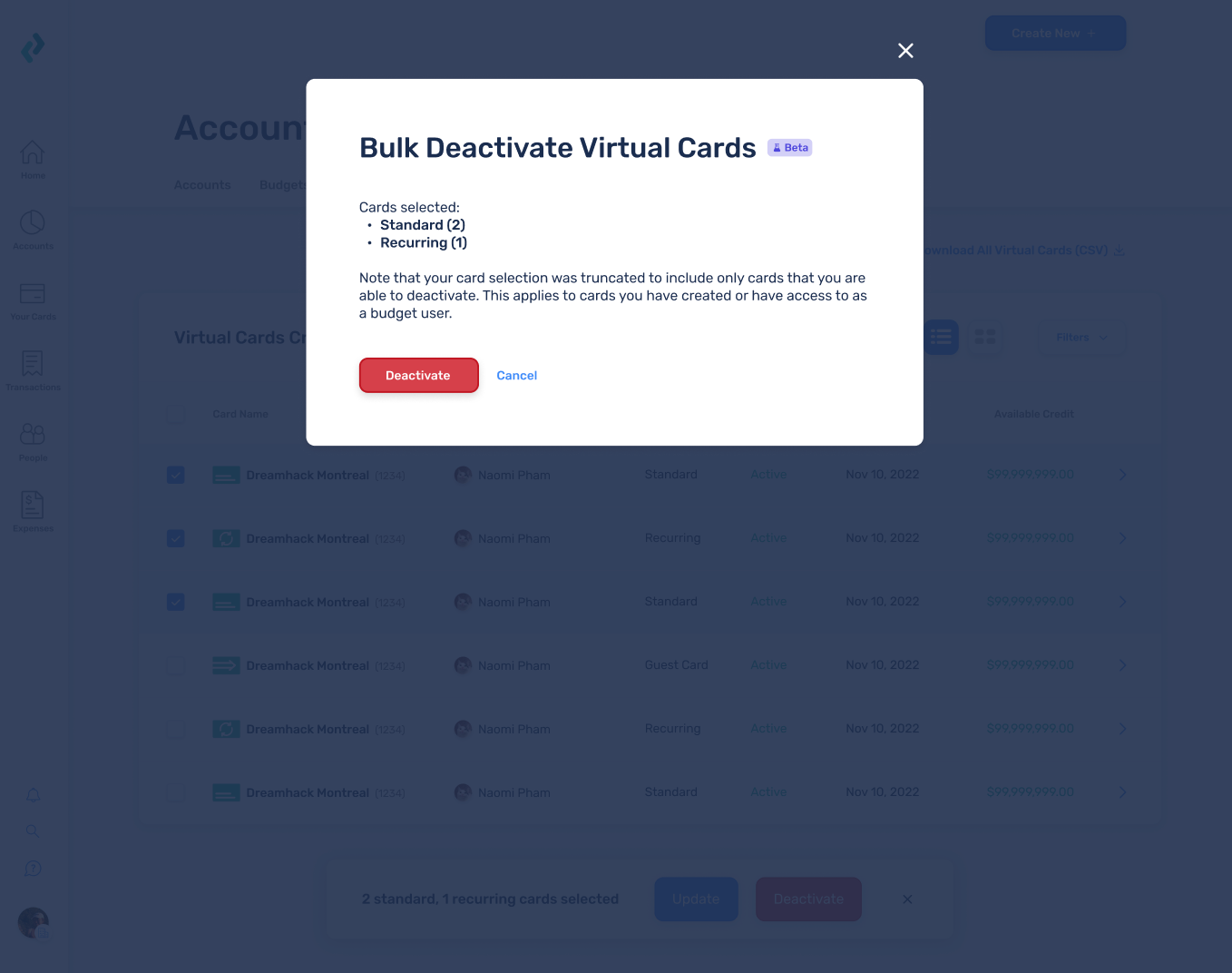 Bulk update, deactivate, and close virtual cards – Extend