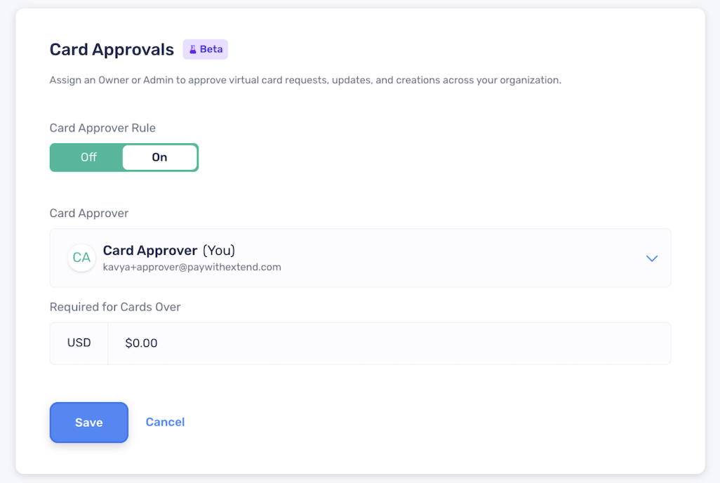 Enable virtual card approval workflow – Extend