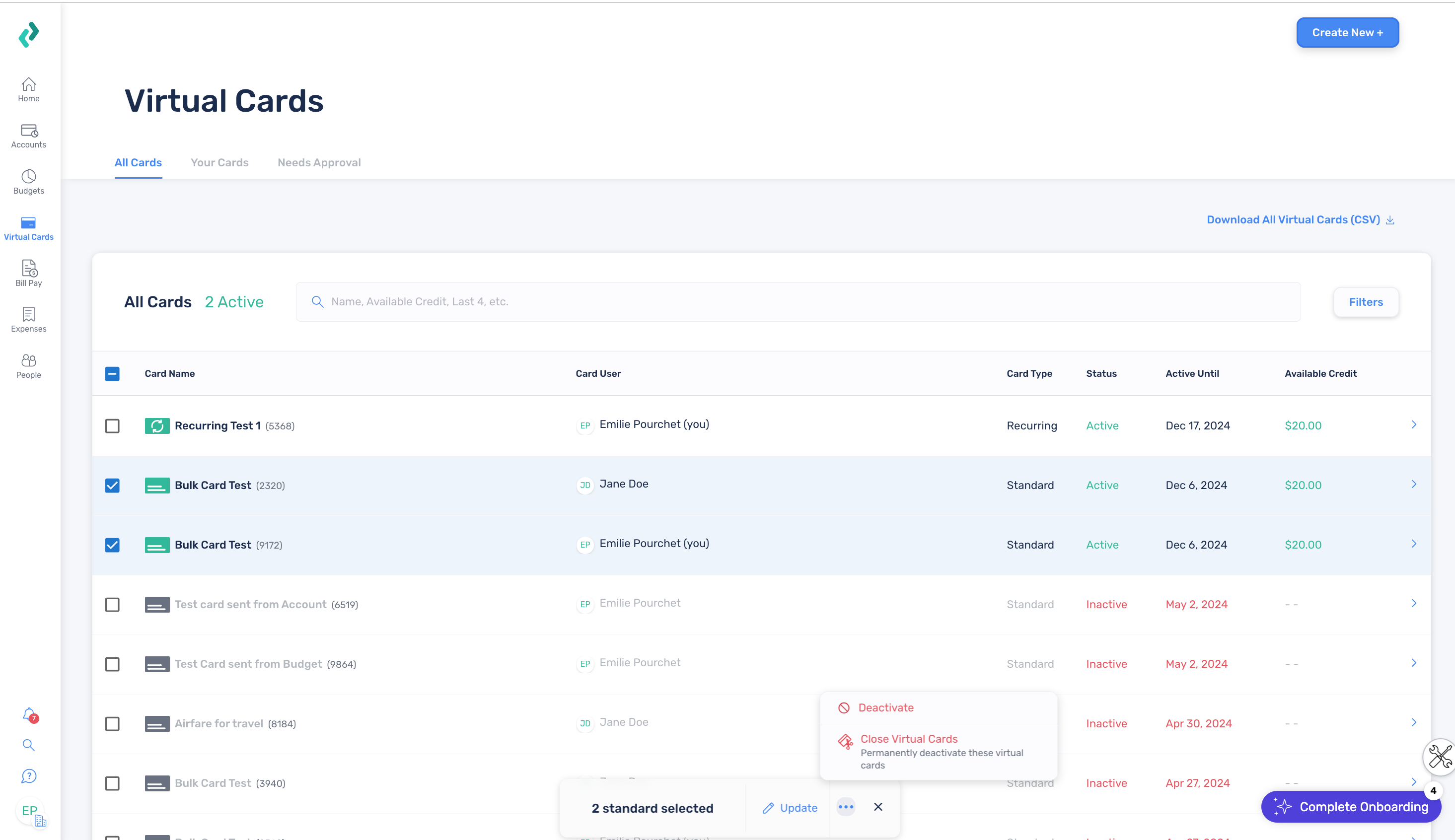 Bulk update, deactivate, and close virtual cards – Extend