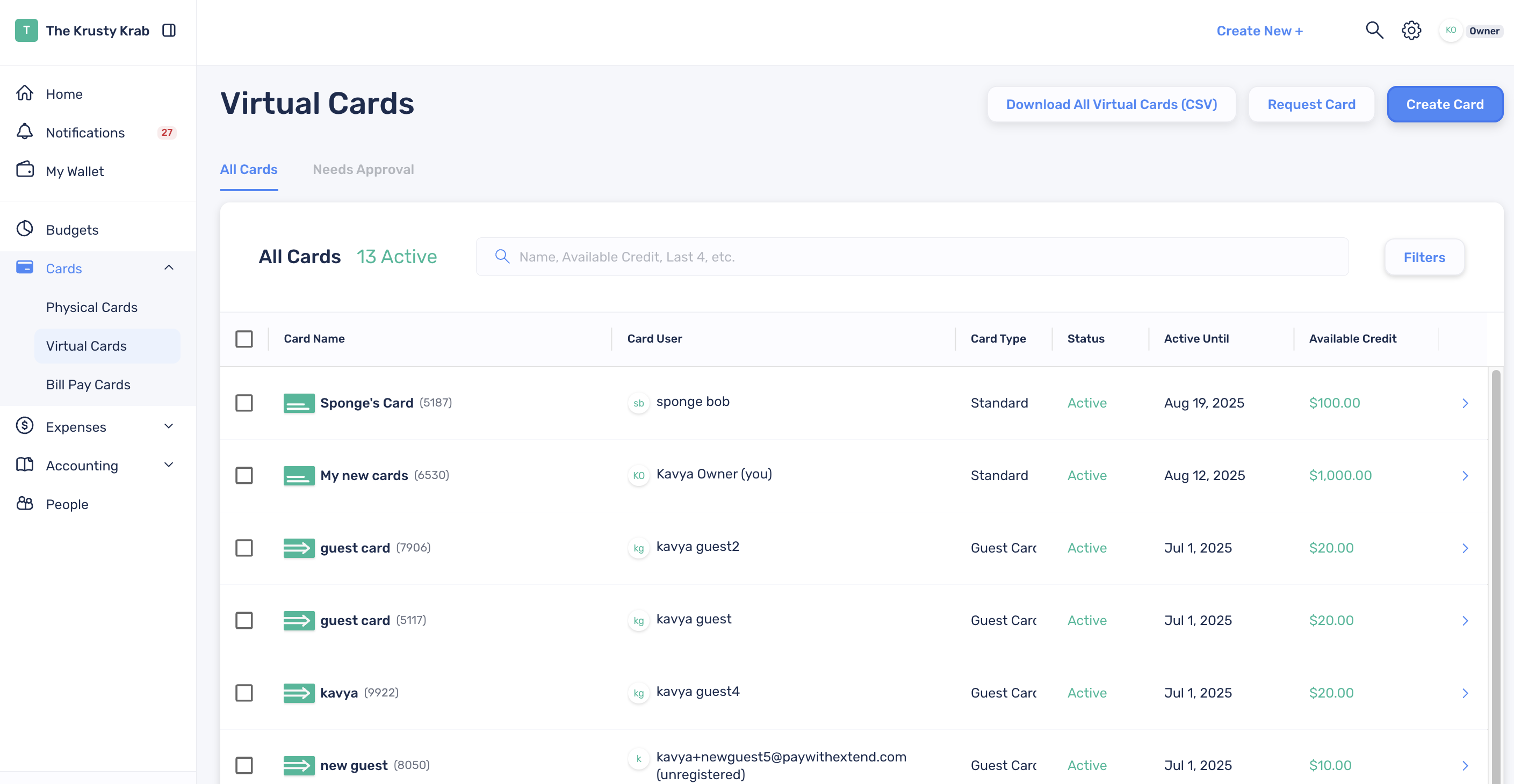 Virtual card history – Extend