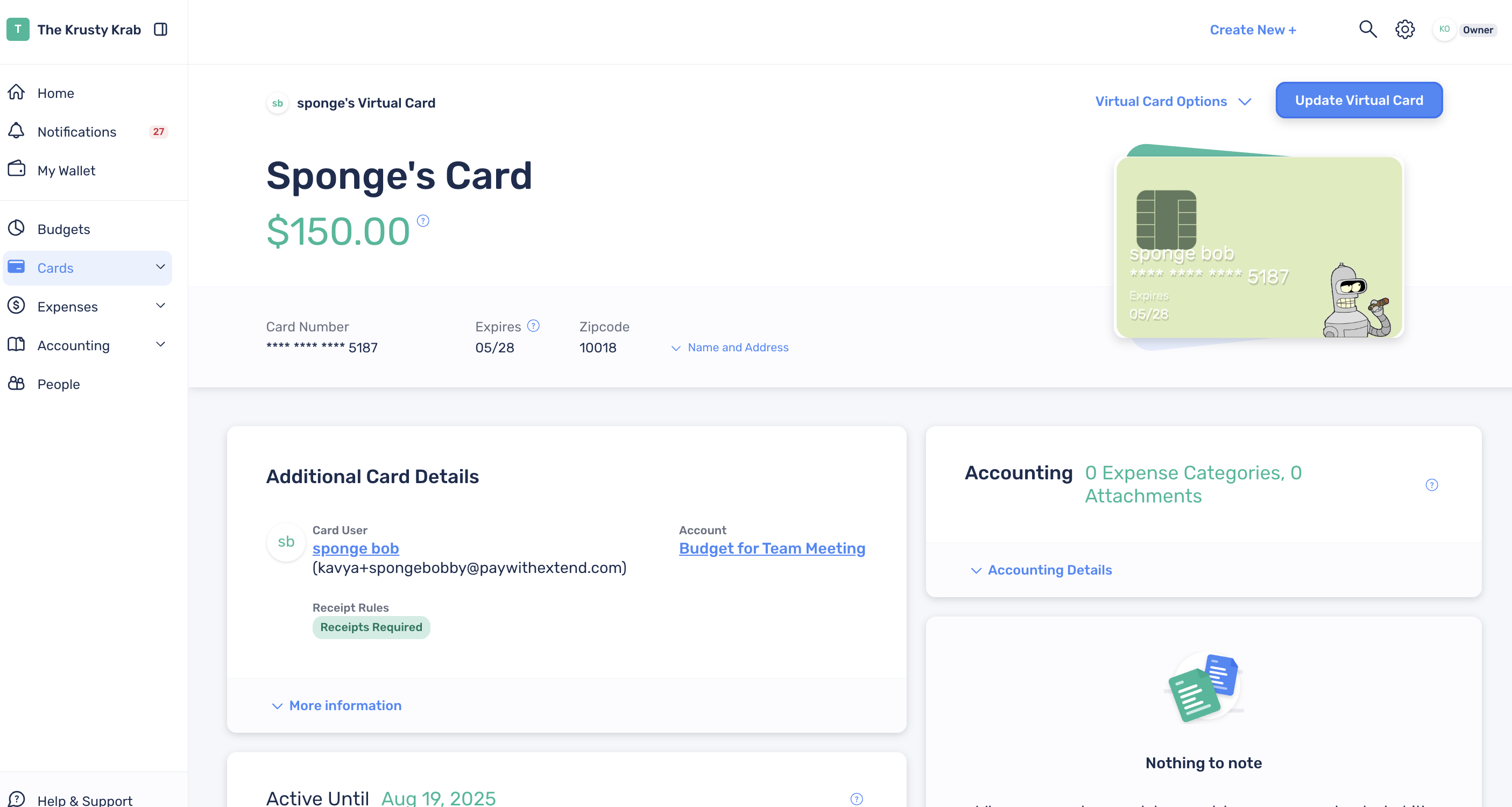 Virtual card history – Extend